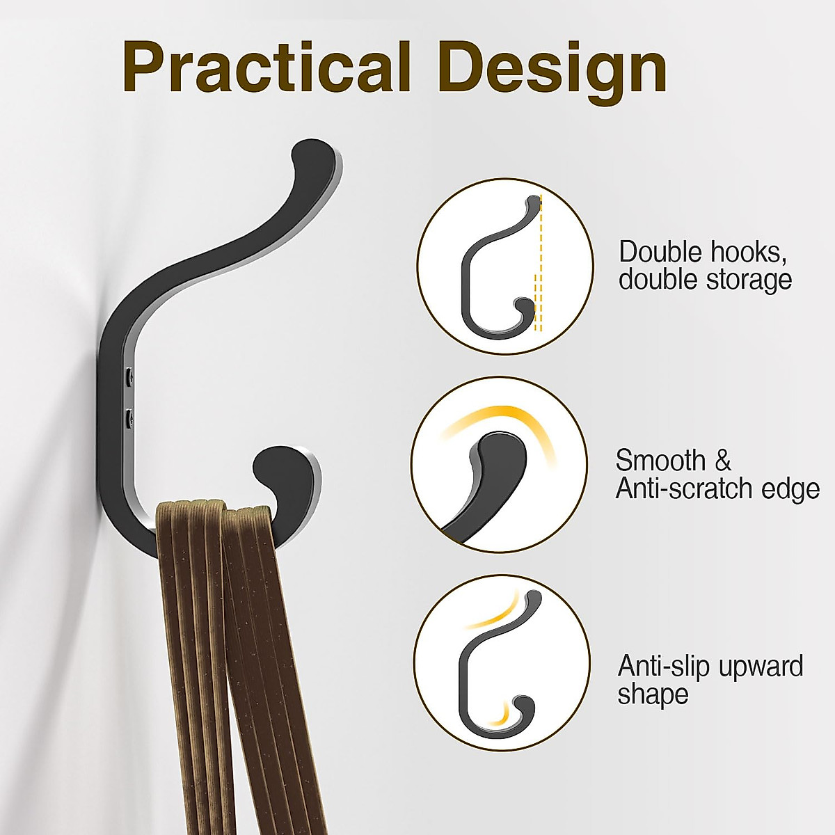 bussdis Coat Hooks Wall-Mount Coat Hanger - Wall Hooks for Hanging Heavy Duty,Hold 30 Lb,Hat Hooks for Baseball Caps,Towel Hooks,Backpack Hooks,Key Hook,Hooks for Hanging Towels,Black,4 Pack