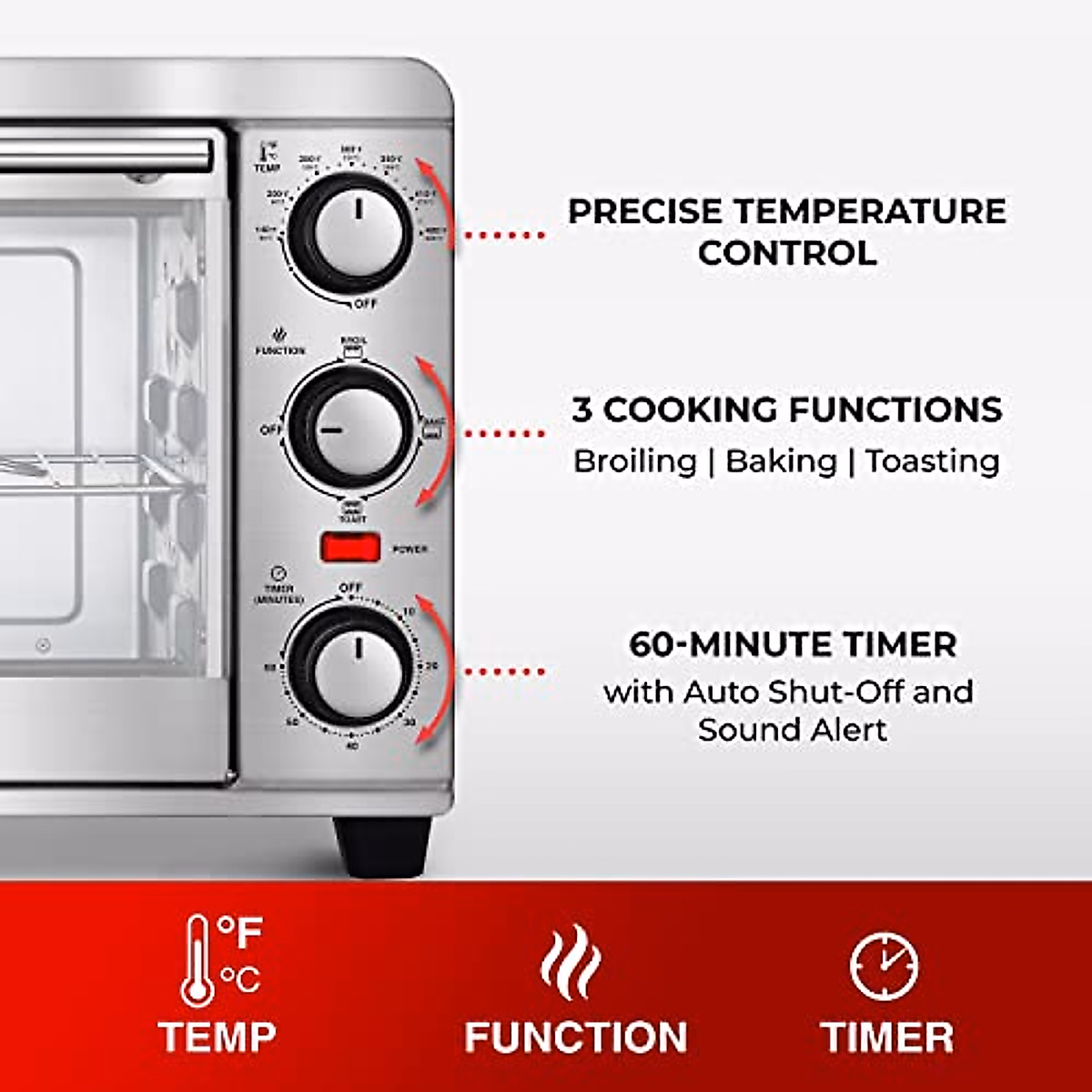 Mueller AeroHeat Convection Toaster Oven, 8 Slice, Broil, Toast, Bake, Stainless Steel Finish, Timer, Auto-Off - Sound Alert, 3 Rack Position, Removable Crumb Tray, Accessories and Recipes