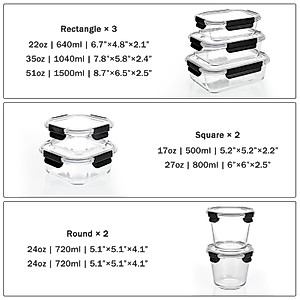 Moretoes 14pc Glass Food Storage Containers, Glass Soup Canisters with Lids Set, Airtight Glass Meal Prep Containers with Lids for Microwave, Oven, Freezer & Dishwasher Friendly, Grey