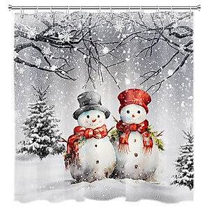 LB Christmas Snowman Shower Curtain Winter Scene Cute Snowman with Pine Tree Covered Snow Bathroom Shower Curtain Snowflake Bathroom Decor with Hooks 72Lx72W Inch Waterproof Polyester Bath Curtain