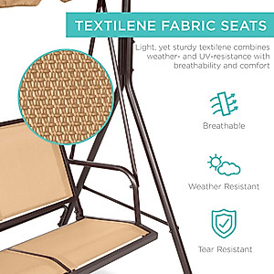 Best Choice Products 2-Seater Outdoor Adjustable Canopy Swing Glider, Patio Loveseat Bench for Deck, Porch w/Armrests, Textilene Fabric, Steel Frame - Tan