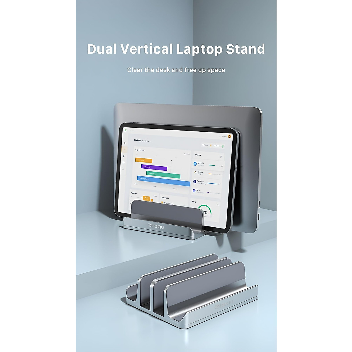 BEQU 4-in-1 Vertical Laptop Stand/Holder (Silver), 2 laptops/2 Phones simultaneously, Heavy Duty Aluminum, Anti-Slip Silicone Pad, Adjustable, Fits All IPADs/Tablets/Cell Phones/Laptops (4 Slot)