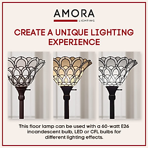 Amora Tiffany Floor Lamp Torchiere - Traditional Style Peacock Design 69” Stained Glass Lamp, Custom Handcrafted Pole Lamp with 3-Way Rotary Switch - Decorative Floor Lamp for Living Room