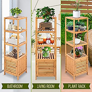 SereneLife 5-Tier Bamboo Bathroom Storage, Corner Slim Rack Cabinet Organizer Unit, 13.38 x 43.3 inch Bathroom Shelf, Towel Stand, Bookshelf, Freestanding Furniture with Shelves Indoor&Outdoor use
