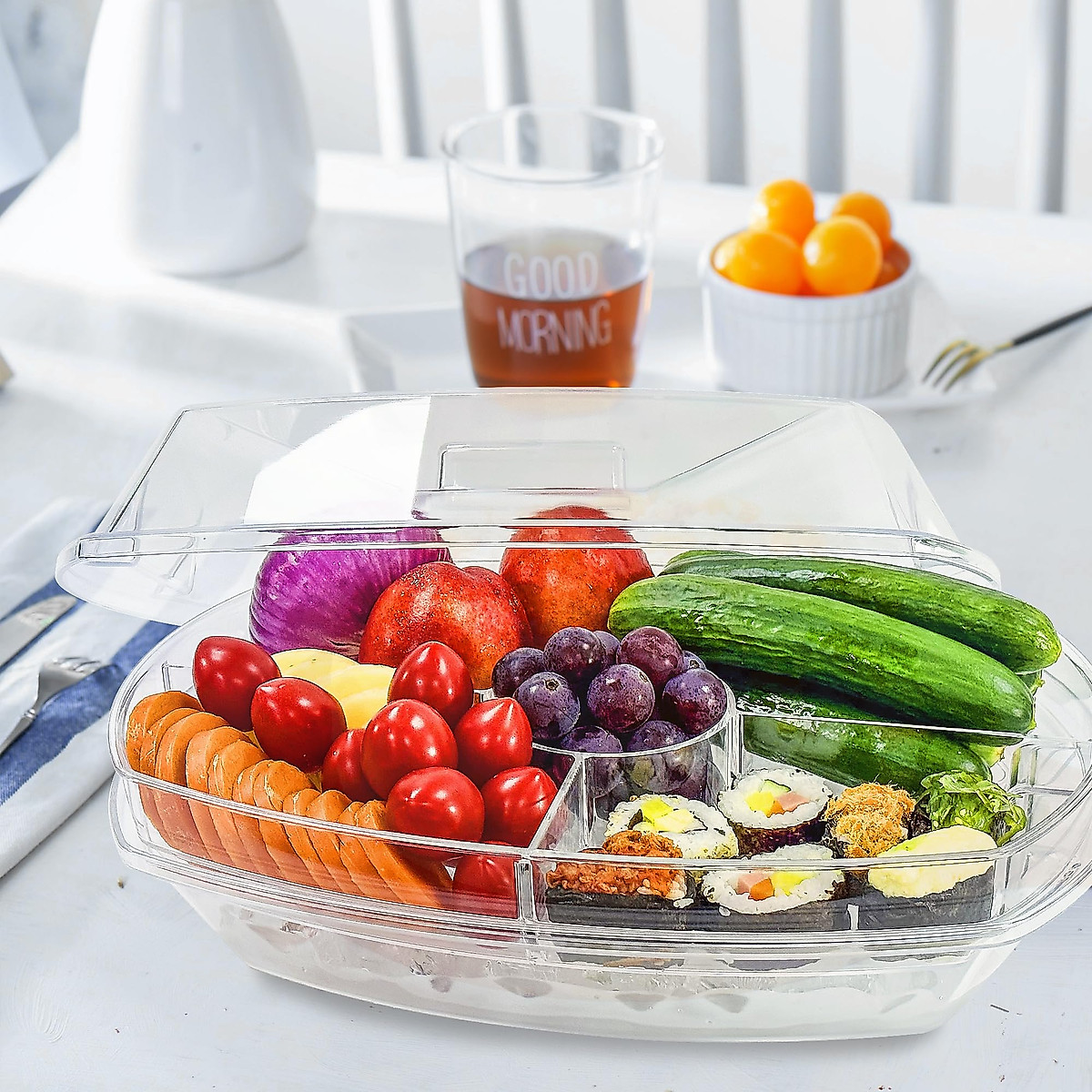 15 Inches Divided Serving Tray with Lid&Ice Tray, Party Platter, Snackle Box Container, Fruit Tray, Veggie Tray, Chip and Dip Bowl, Appetizers, Desserts, Cold Food Buffet Server