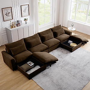 Corduroy U-Shaped Sofa Couch 157.5" Brown Comfy Modular Couch Oversized Couch with Storage Ottoman Cloud Couch 4 Seater Extra Deep Sofa Couch,Sectional Couches for Living Room