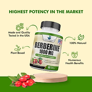 Berberine 1800mg Per Serving, Berberine Supplement, Berberine HCL, Berberine Pills, Berberine Capsules, Cardiovascular & Heart Health, Immune Support, 90 Veggie Capsules