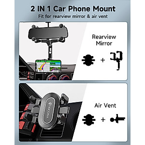 2in1 Phone Mount for Car Rearview Mirror & Air Vent, Super clamping force, Universal 360° Rotatable and Retractable Phone Holder Adjustable Multifunctional for Most Mobile Phones & Cradle Air Vent.
