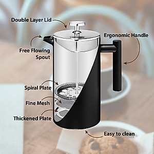 Redwood - Large French Press, 8 Cup Coffee Maker, Double Wall Construction, 3-Layer Stainless Steel Filter, Optimal Thermal Retention (Black) (34 oz)