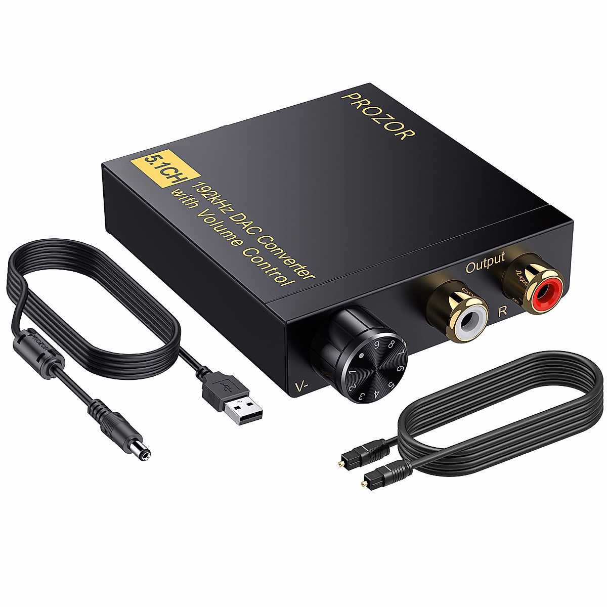 PROZOR DAC Converter 192Khz Digital to Analog Audio Decoder with Volume Control Support 5.1CH DTS Dolly-AC3 Coaxial SPDIF Toslink Optical to RCA Adapter for HDTV Blu-ray DVD PS3 Home Cinema System