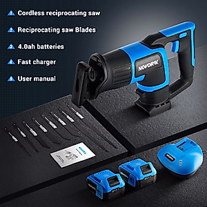NOVORIK 20V Cordless Reciprocating Saw,0-3000 SPM 22mm Reciprocating Stroke Saw Reciprocating with 2 x 4.0Ah Battery & 8 Saw Blades for Wood Metal PVC Cutting