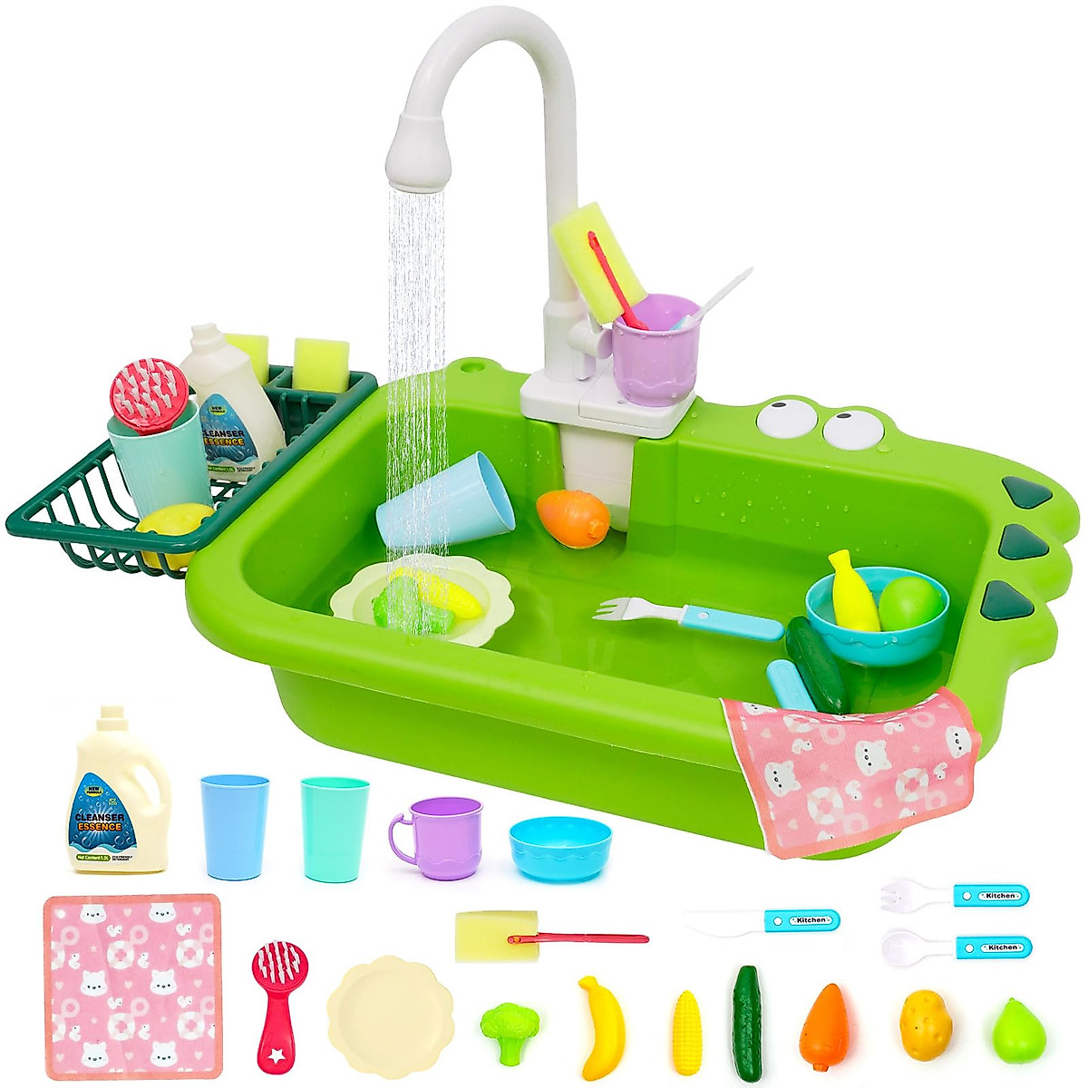 Kids Kitchen Sink Toy Set with Running Water 23Pcs Playing Dishwasher with Automatic Water Cycle System Pretend Play Toy for Kids Boys Girls Toddler