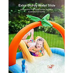 Inflatable Play Center, Kiddie Pool for Kids, Toddler Pool Seaside Water Lounge with Slide, Coconut Palm Sprinkler, Ball Toss Game, Ring Toss Game for Kids Children Ages 3+, 95'' x 75'' x 40''