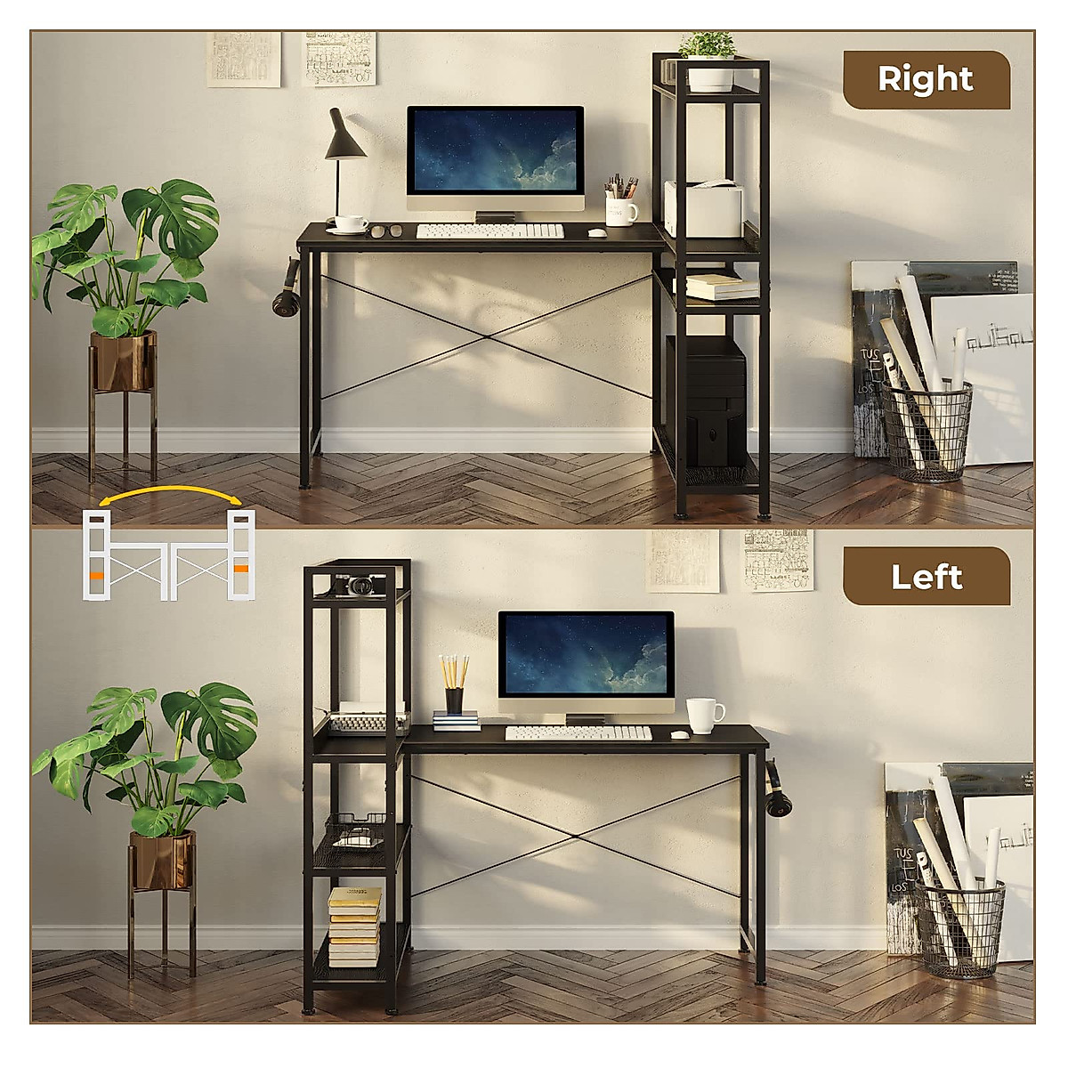 Rolanstar Computer Desk with Storage Shelves 47", Home Office Desk with 4-Tier Reversible Bookshelf, Modern Writing Table Workstation, Study Corner Desk for Small Space, Black