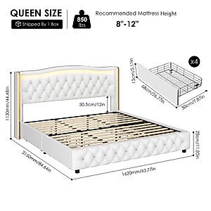 HIFIT Queen Smart LED Platform Bed Frame with 4 Storage Drawers, Crystal Button-Tufted & Stainless Gold Trim Wingback Headboard/Modern PU Upholstered White /No Box Spring Needed/Easy Assembly