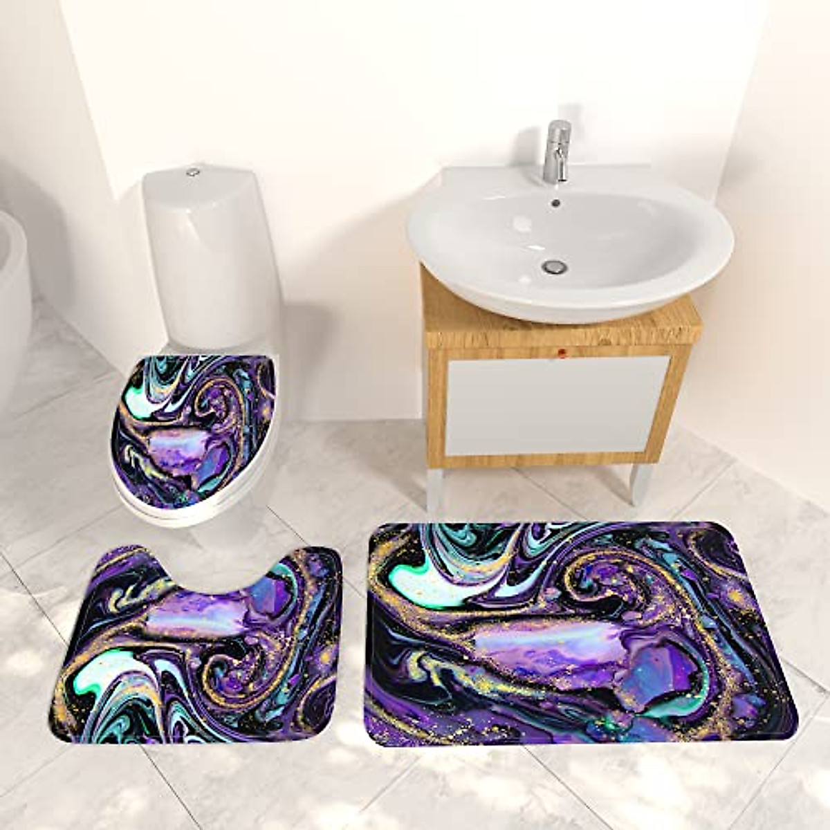 Dexsawoi 4-Piece Purple Marble Shower Curtain Set with Non-Slip Purple Blue Crystal Mineral Marble Carpet, Toilet lid, and Bath mat. Bathroom Curtain with 12 Hooks 72 x 72 inches