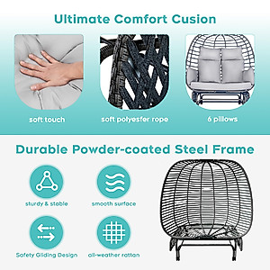 Outdoor Double Egg Chair Patio Chairs - 500lbs Capacity for 2 Person, Oversized Wicker Rocking Glider Chair with Steel Stand, Hand-Woven Lounge Chair Nest Loveseat for Indoor, Porch, Backyard, Balcony