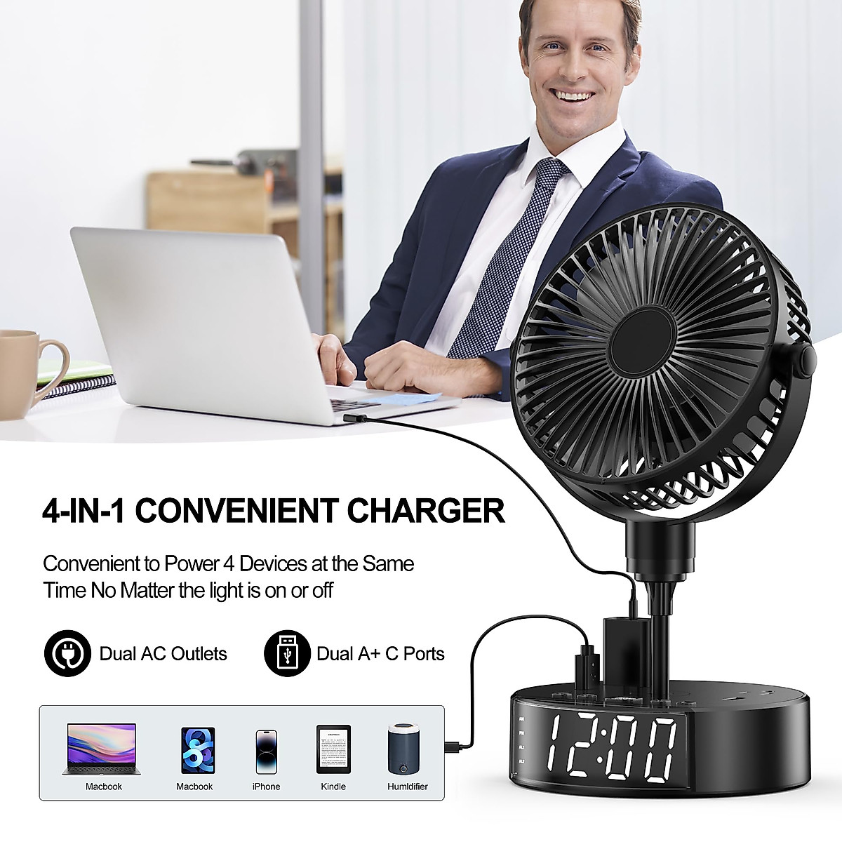 Fereowth Quiet Desk fan,Office Fan with 2 USB Charging Ports，Table Fan with 2 AC Power Outlets ，Bedroom Fan with Timer Alarm.Personal Fan for Home，Strong Wind, Quiet Operation（black gray）