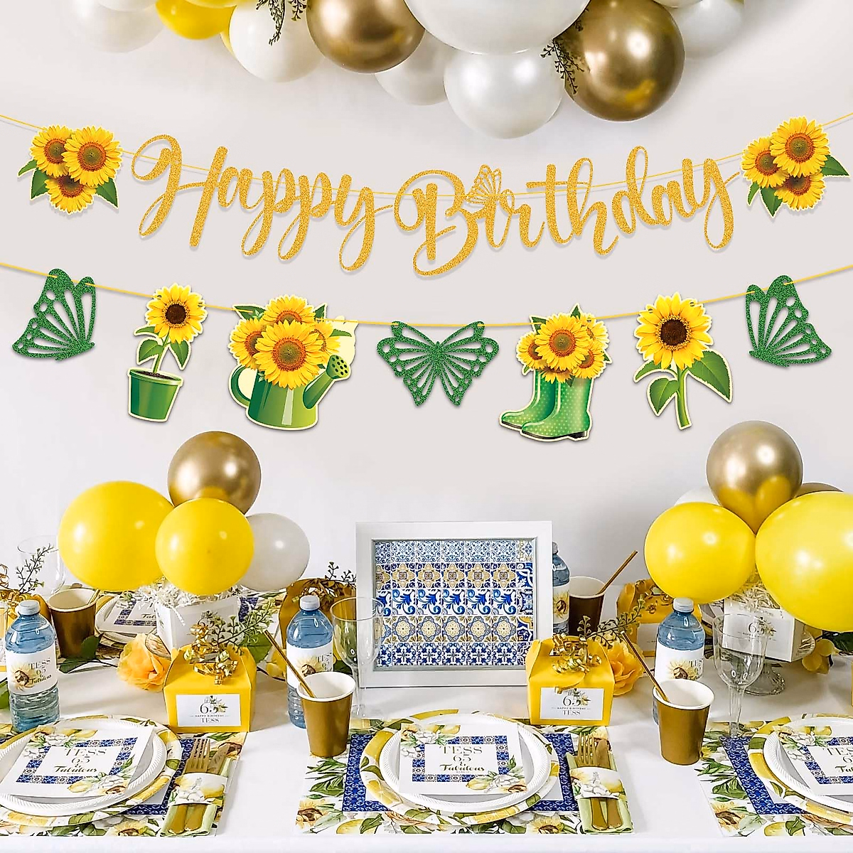 QAMEGX Sunflower Birthday Party Decorations- 2Pcs Rustic Sunflower Bunting Banner with Glitter Butterfly Sun Flower Happy Birthday Banner for Wedding Engagement Bridal Baby Shower Anniversary Graduation Party Supplies