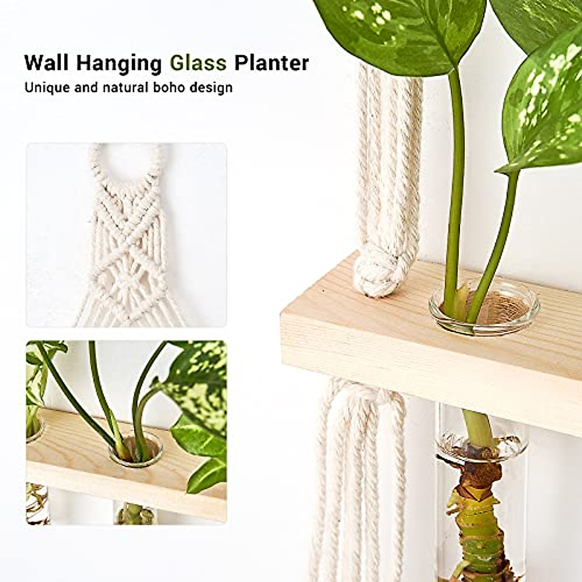 Mkono Macrame Plant Propagation Tubes, 3 Tier Boho Wall Hanging Plant Terrarium Vase Indoor Glass Planter for Propagating Hydroponic Houseplants Home Office Wall Plant Decor Gifts for Women