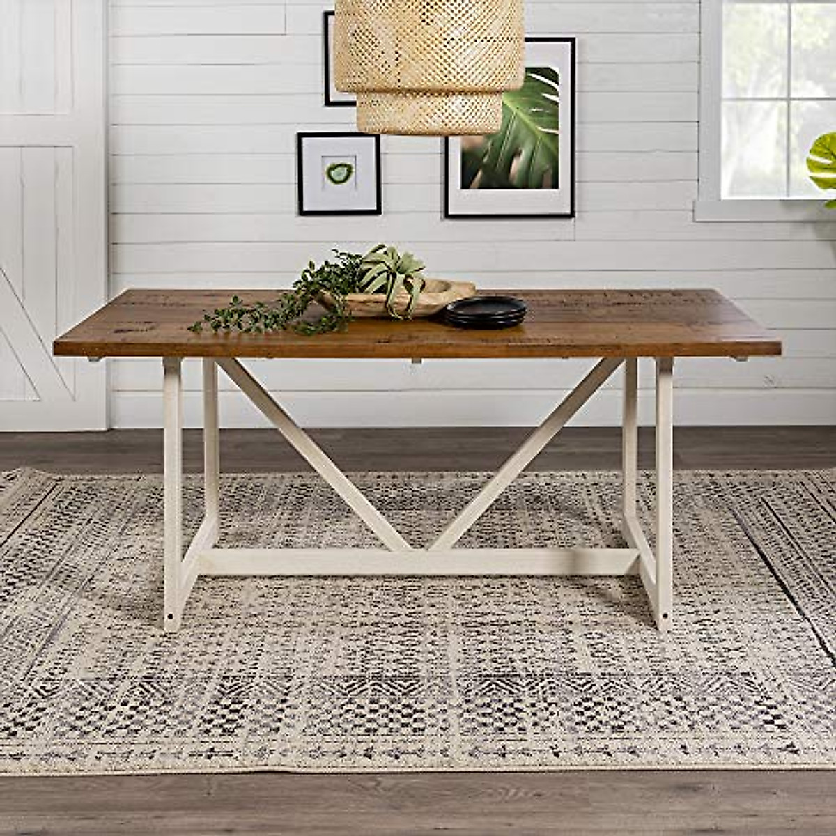 Walker Edison Modern Farmhouse Dining Table Wood Small Dining Room Table Sets Dining Chairs. 72 Inch. White and Rustic Oak
