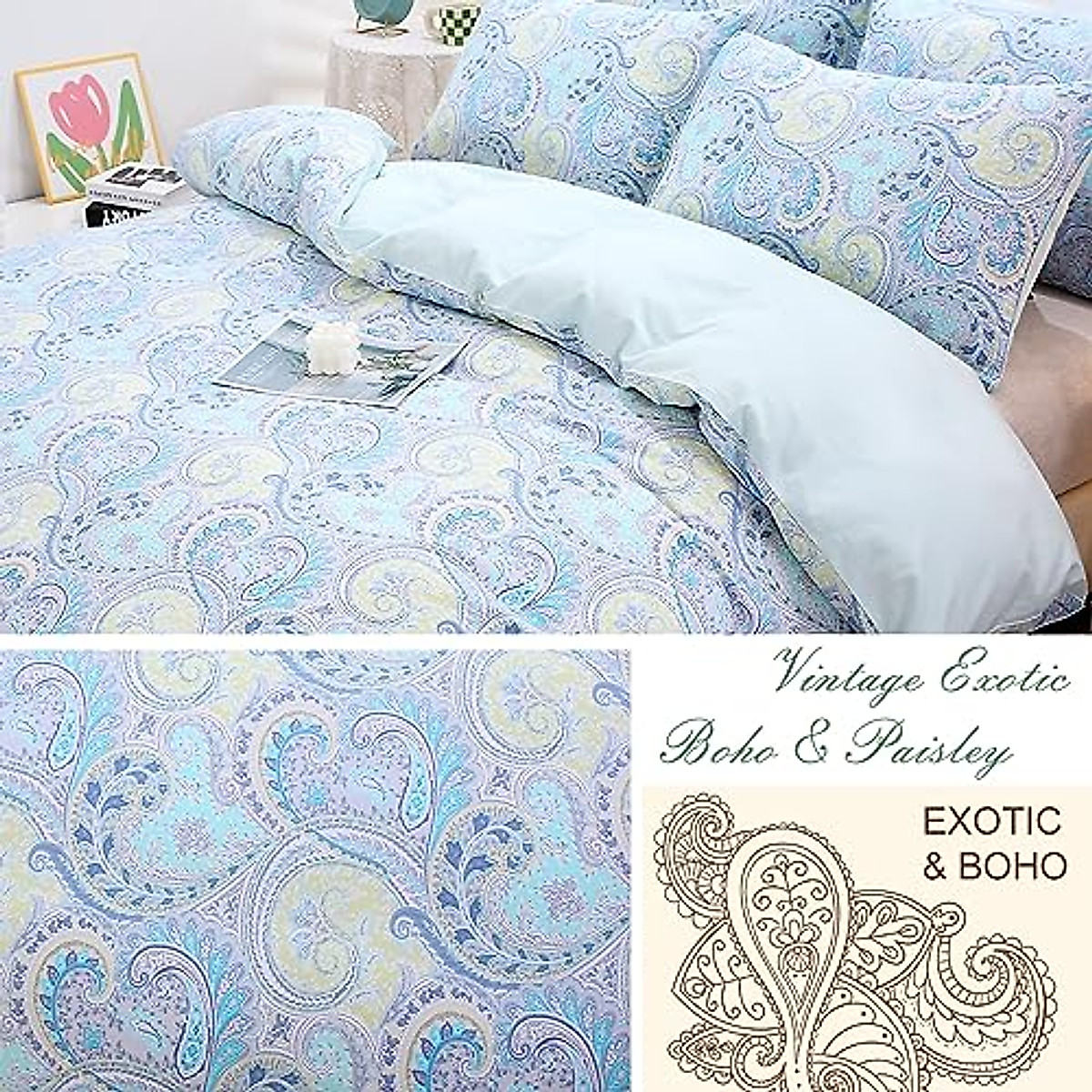 URBONUR Blue Paisley Duvet Cover Set 800TC Egyptian Cotton Sateen Silky Bedding Set, Bohemian Bedding Twin Duvet Cover, Crisp Cooling Bed Set (3 Pieces, Blue Paisley, Twin)