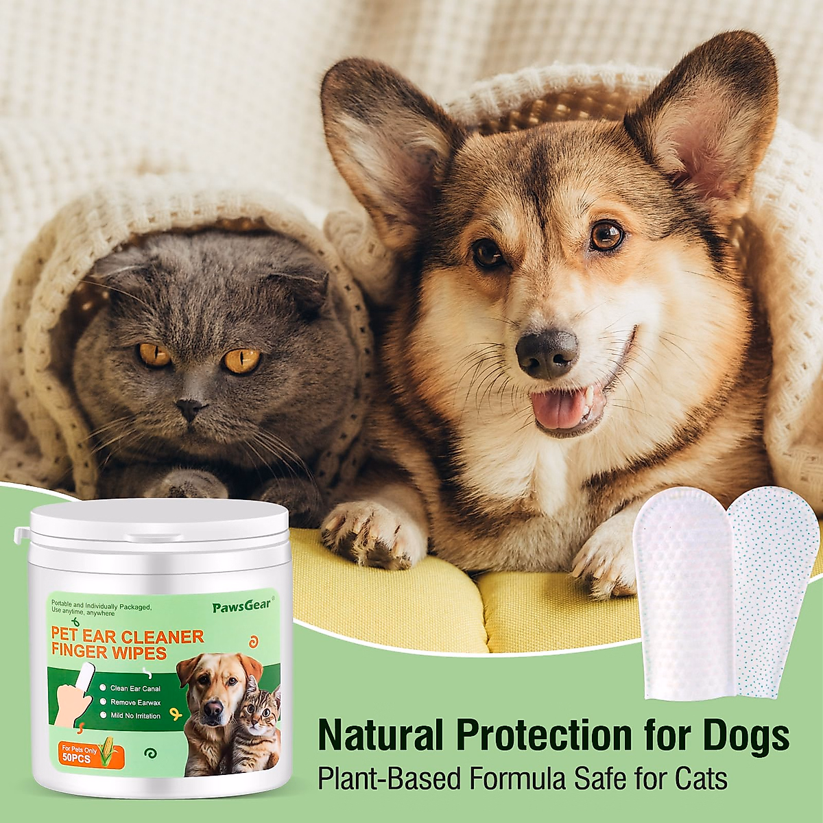 PawsGear Ear Wipes for Dogs and Cats - Soothing Cleansing, Odor Removal, Natural Plant Extracts, 50 Count