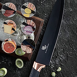 ZHUJIABAO Black Kitchen Knife Block Set with Acrylic Stand 6PCS Professional Stainless Steel Chef Knife Set with Nonstick Coating and Ultra Sharp Edge Cutlery Knife Block Set as Gift for Man and Woman