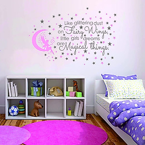 ANFRJJI Fairy and Dream Wall Sticker - Removable PVC Decal with Glittering Wings and Magical Quote - Fairy Moon and Stars Wall Art for Girls Bedroom, Kids Room -effect 24"x35"inch (Gray-JWH290-Fairy