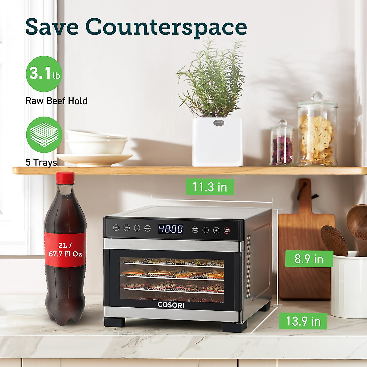 COSORI Food Dehydrator for Jerky, 176°F Temperature Control, 5 Stainless Steel Trays Dryer Machine, 4 Presets, 48H Timer, for Dog Treats, Meat, Fruit, Veggies, Snacks, Recipe Book Included