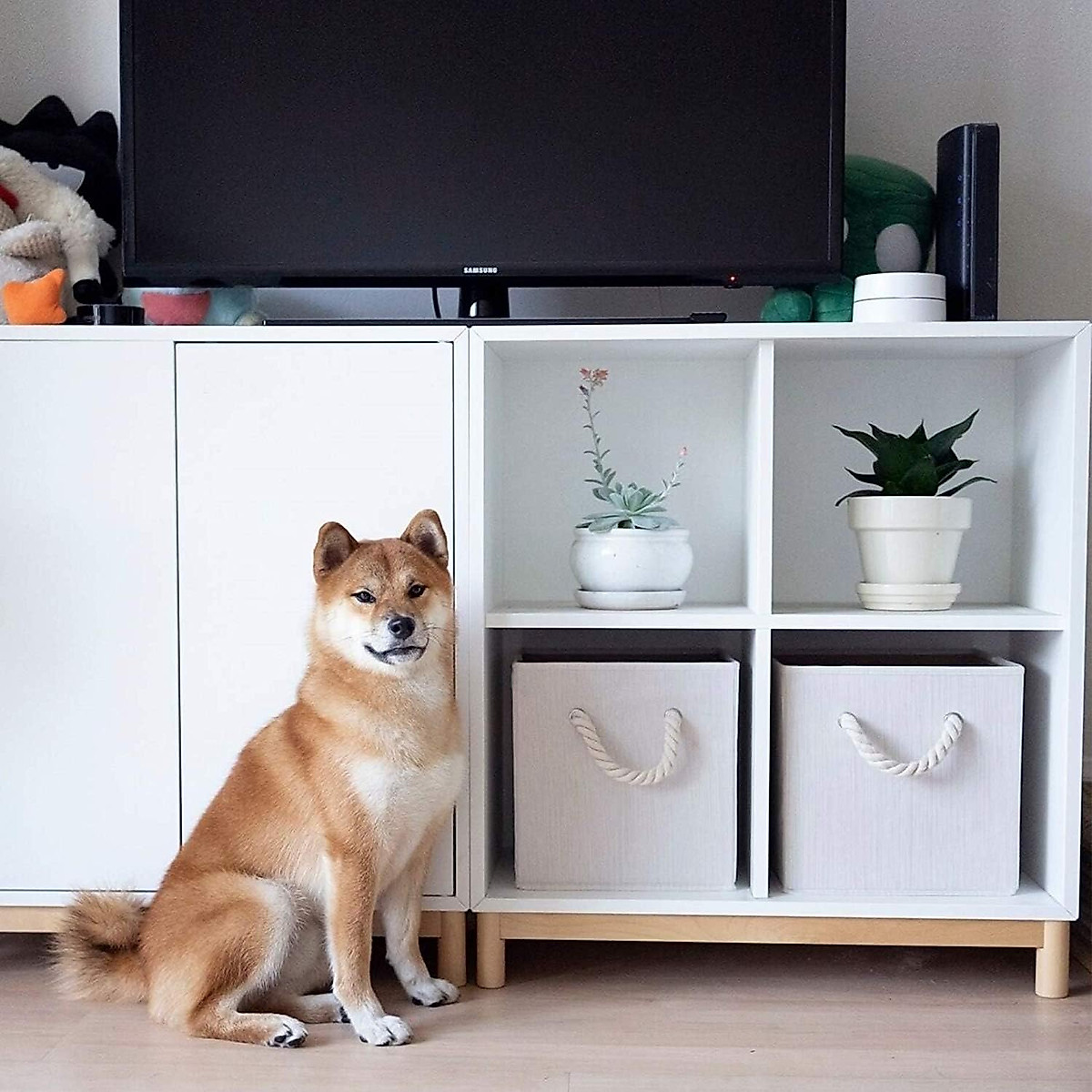 BeigeSwan Foldable Bamboo Fabric Storage Bins [set of 4] with Cotton Rope Handles, Collapsible Organizer Boxes Basket - 10.5 x 10.5 x11 inch (Beige)