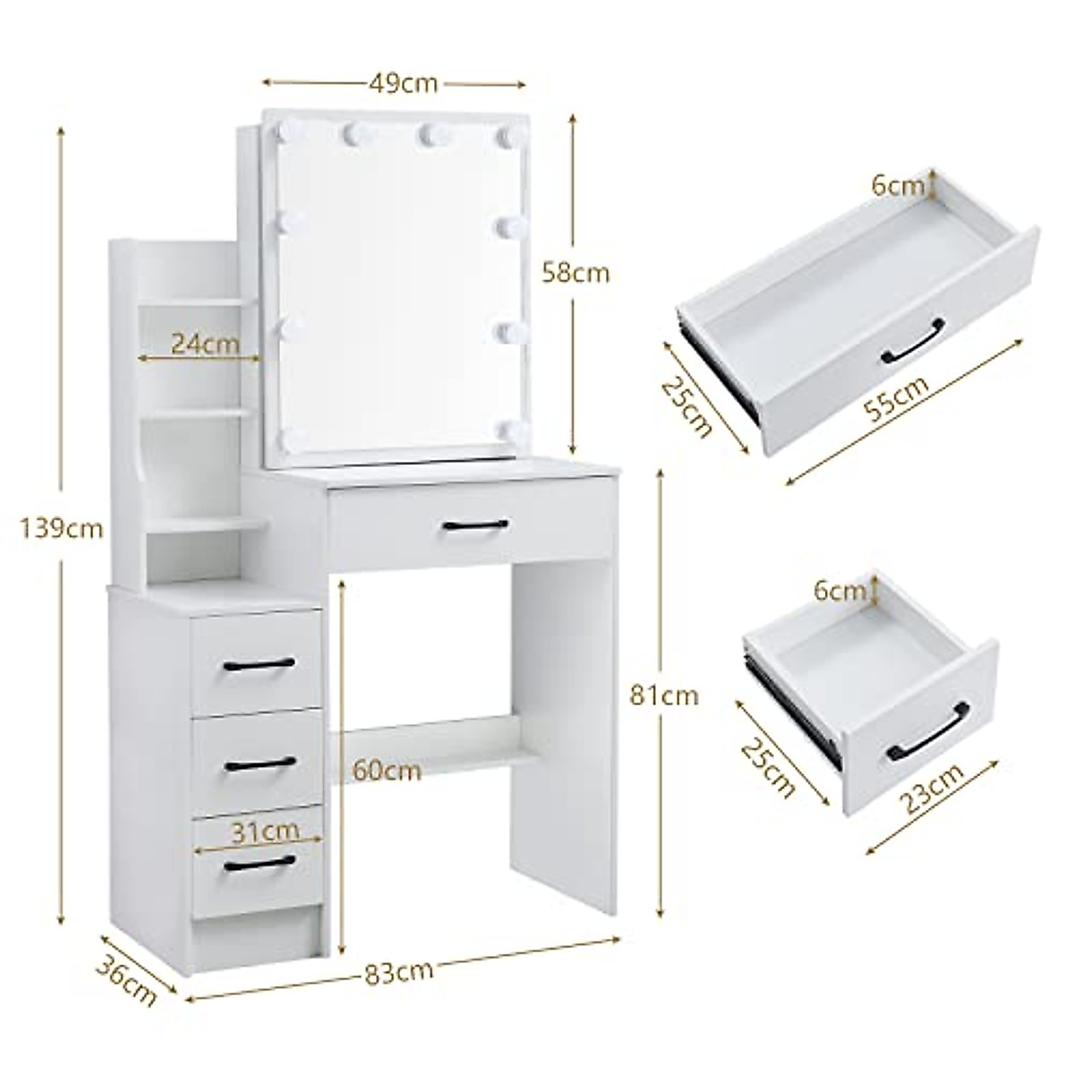 Abesthink Makeup Vanity with Ligjhts Mirror and Charging Station,White Vanity Makeup Desk with Lights and Storage Drawers,Lighted Vanity Set Dressing Table with Stool for Girls