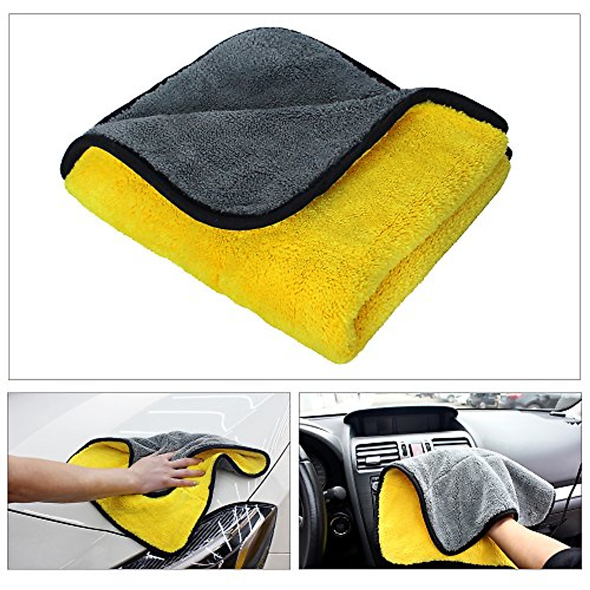AutoCare 920GSM Super Thick Microfiber Car Cleaning Cloth Detailing Towel 15'' x 17.7'' (Yellow/Gray-3PCS)