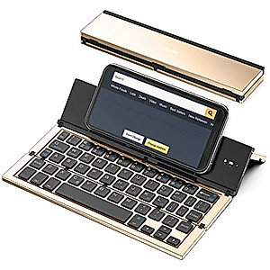 Geyes Foldable Bluetooth Keyboard, Folding Wireless Keyboard with Portable Pocket Size, Aluminum Alloy Housing, Carrying Pouch, for iPad, iPhone, and More Tablets, Laptops and Smartphones(Gold)