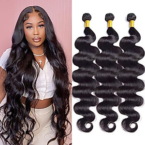 Mrladgo 26 28 30 Inch Human Hair Bundles Body Wave 3 Bundles 100% Unprocessed Brazilian Hair Weave Bundles Body Wave Human Hair Bundles Natural Black Color 300G