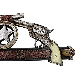 Ebros Gift Rustic Western Old World Dual Six Shooter Revolver Gun Pistols with Western Star 4 Pegs Coat Key Hat Leash Wall Hanging Bullet Ammo Shaped Hooks Country Decorative Organizer