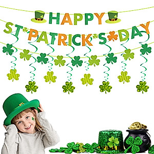 St.Patricks Day Decorations,1 Felt Shamrock Clover Garland+ 1 Happy St.Patricks Day Banner+8Pcs Hanging Swirls,St. Patrick 's Day Banner Decor perfect for Irish party supplies- Green and Light Green Color
