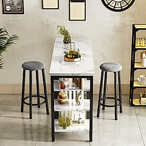 AWQM Bar Table Set with Storage Shelves, 47" Modern White Faux Marble Breakfast Table with 2 Velvet Stools, 3-Piece Dining Set for 2, Space Saving Table for Kitchen/Dinning Room/Living Room/Studio