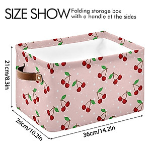 YEGAME Storage Basket Cherry Rectangular Collapsible Canvas Shelves Storage Bins with Leather Handles for Shelves Home Closet Bedroom Living Room, 1Pack