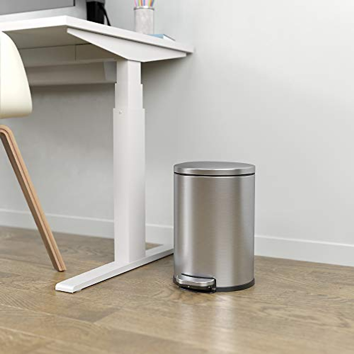 iTouchless SoftStep 2 Gallon Small Semi-Round Bathroom Step Trash Can with Removable Inner Bucket and AbsorbX Odor Filter, Stainless Steel, 7 Liter Pedal Garbage Bin for Bedroom, Office Cubicle