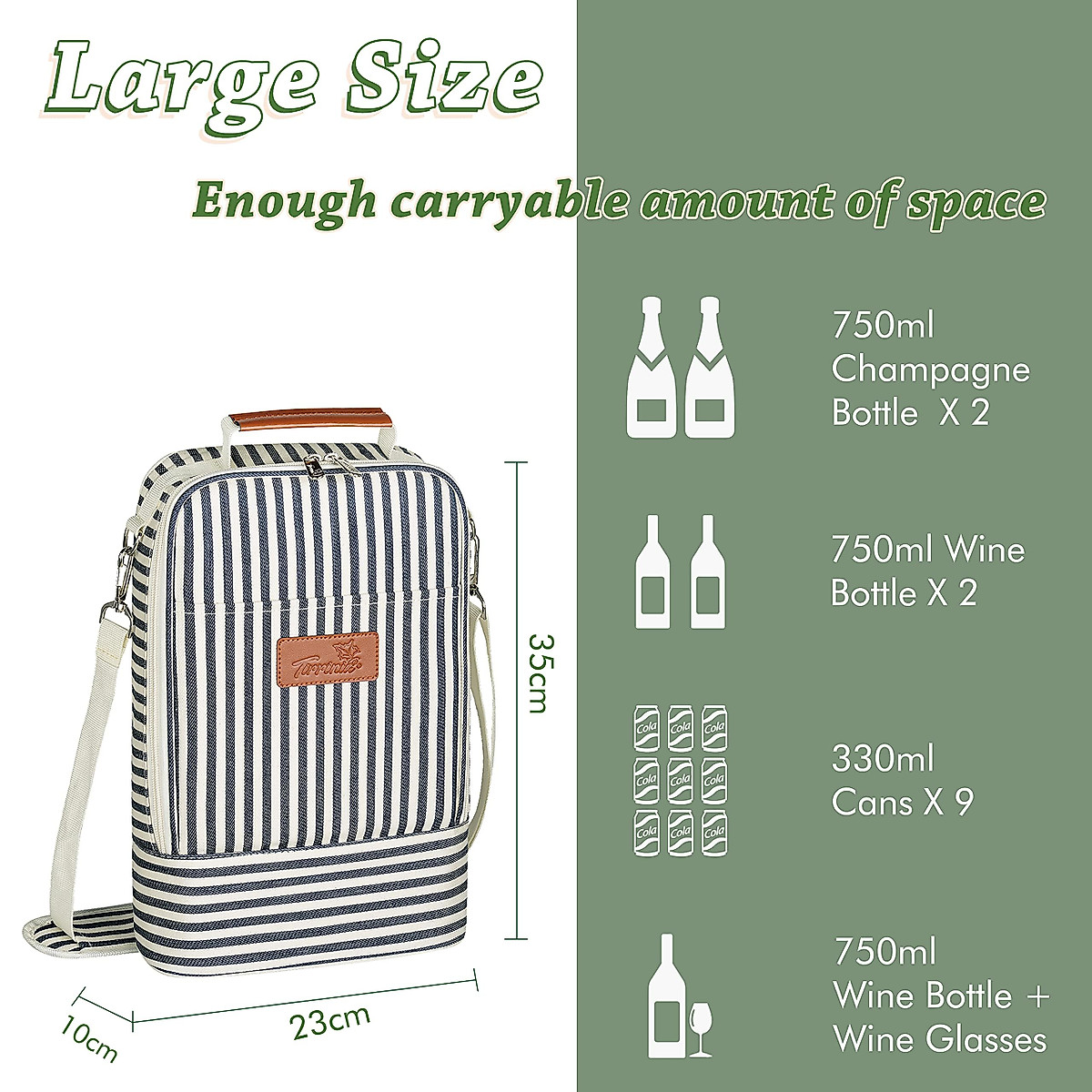 Tirrinia Insulated 2 Bottle Wine Gift Tote Bag - Wine Tumbler Glass Cooler Carrier for BYOB Restaurants, Wine Tasting, Travel, Park, Beach, Great Wine Lover Gift, Blue Stripe