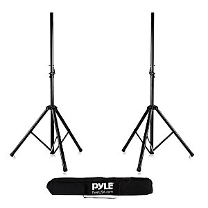 Pyle Universal Dual PA DJ Tripod 2 Speaker Stand Kit with Adjustable Height & Storage Bag Constructed with Heavy Duty Durable Steel & Lightweight for Easy Mobility Safety PIN Screw Locks PSTK107,Black