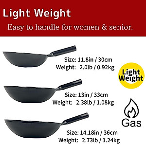 SOONEAR KOTE2 Carbon Steel Wok Light Weight Gas Fire Round Bottom Carbon Steel Handle No Rivets Size L 14 1/4" [Made in Japan]