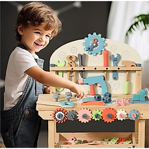 Wooden Power Tool Workbench for Kids, Building Tools Sets Pretend Play Toys - Construction Workbench with Wrench, Screwdriver, Miter Saw and Hammer - Educational Gift for Toddlers Age 3 and Up