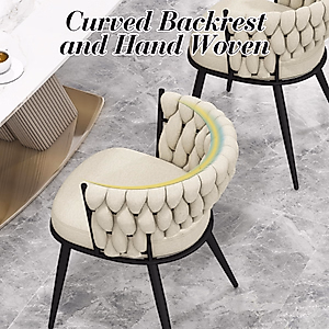 Homedraft Woven Dining Chairs Set of 6, Modern Hand Weaving Dining Chair with Black Metal Legs, Upholstered Club Chairs with Black Frame for Dining Room, Kitchen, Vanity, Beige