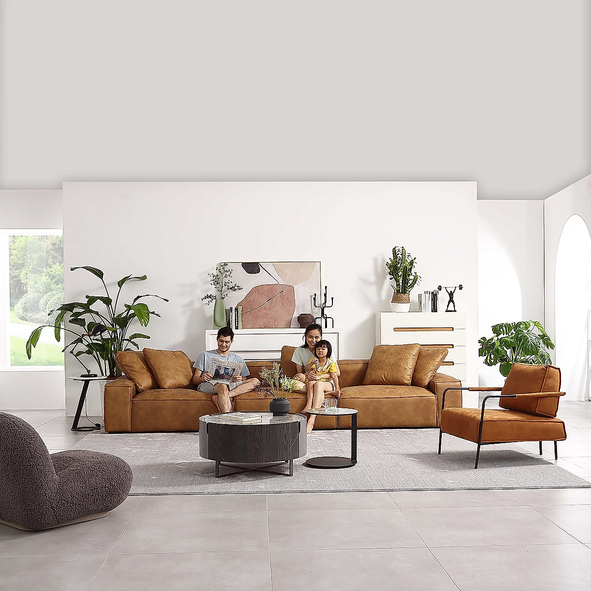 Mido Mido 142” Wide 5 Seater Sofa Filled with Feather and Foam, Modern Air Leather Large Sectional Sofa Couch, Waterproof, Dust-Proof Sofa Set for Living Room Apartment Home Hotel (Cognac Tan)