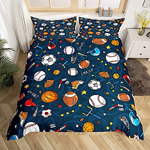 Football Bedding Sets Basketball Baseball Rugby Reversible Comforter Cover Set for Boys Teens Ball Sports Duvet Cover Soccer Football Game Volleyball Bedspread Cover Full Size,Soft Kids Room Decor