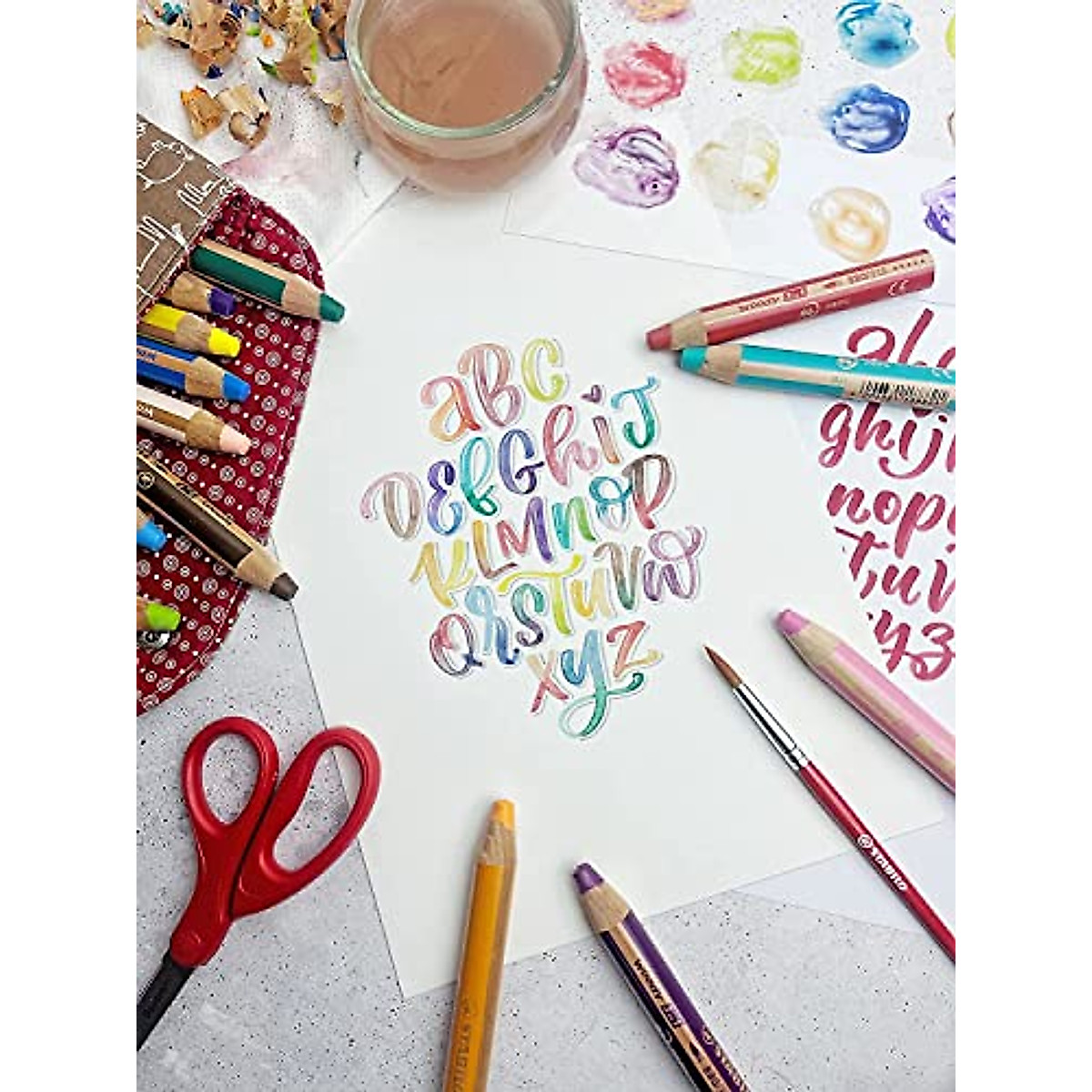 STABILO Multi-talented Pencil woody 3-in-1 - Pastel Box of 5 - Pink, Orange, Yellow, Cyan Blue & Blue + Sharpener