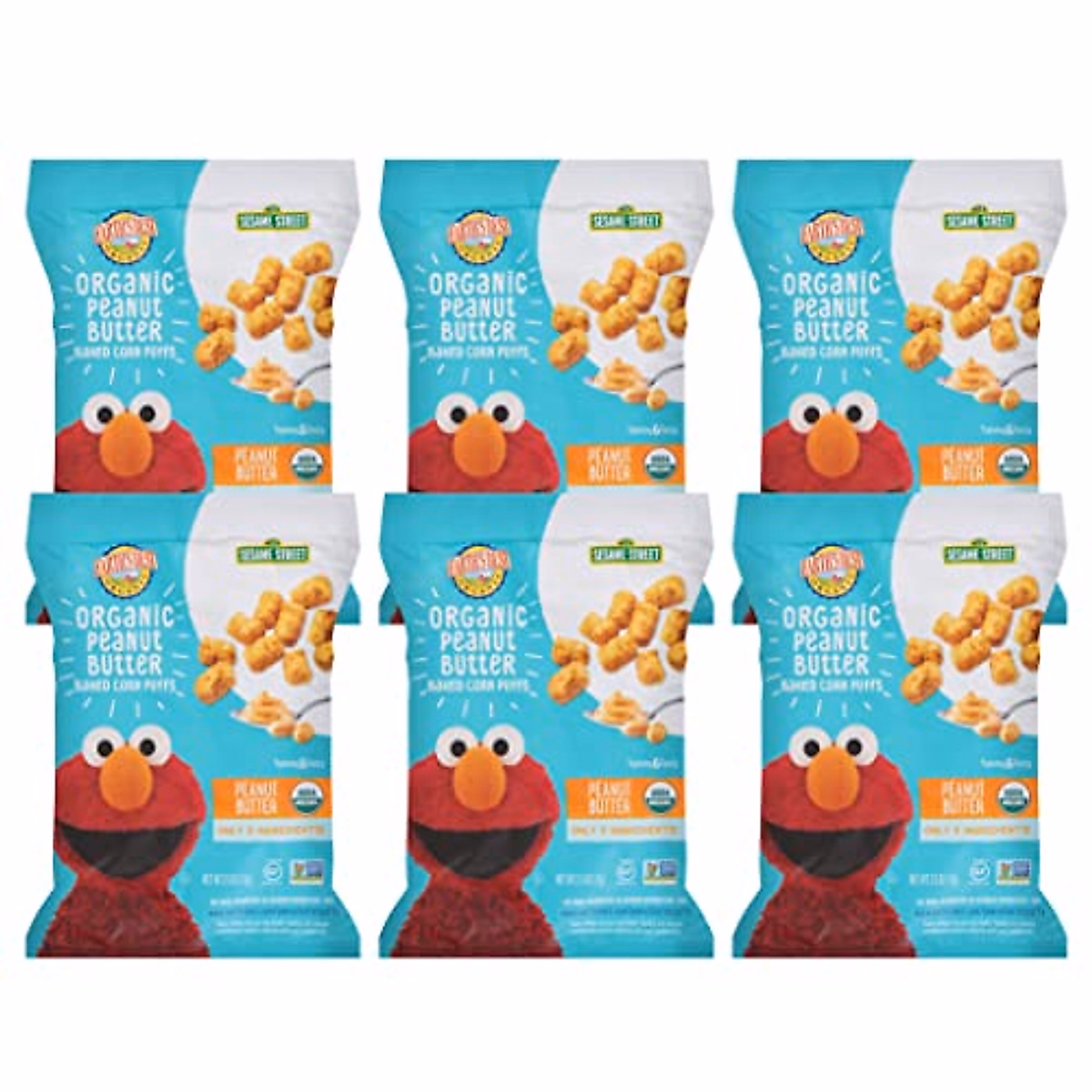 Earth's Best Organic Kids Snacks, Sesame Street Toddler Snacks, Organic Peanut Butter Baked Corn Puffs, Gluten Free Snacks for Kids 2 Years and Older, 2.5 oz Bag (Pack of 6)
