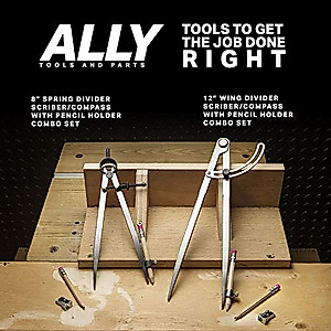 ALLY Tools 8 Inch Precision Locking Spring Divider/Woodworking Compass with Pencil Holder INCLUDES Two Pencils and Pencil Sharpener Ideal for Drawing, Drafting, Carpentry
